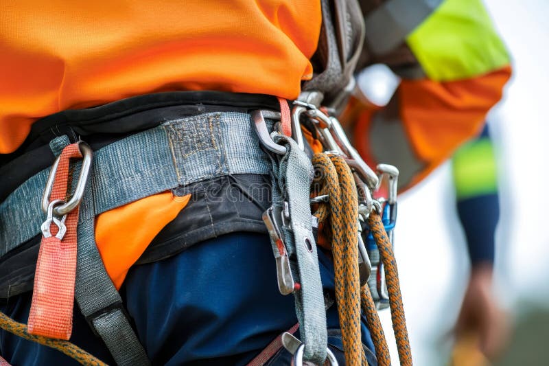 Construction Worker Wearing Safety Harness and Ropes Preparing for Work ...