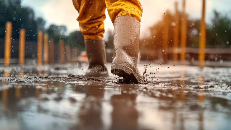 Construction Worker Wearing Yellow Safety Uniform Trudging through ...