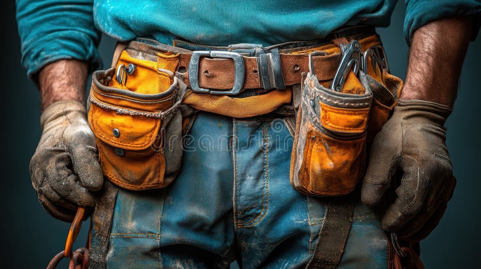 Construction Worker Wears Tool Belt with Tools Stock Image - Image of ...