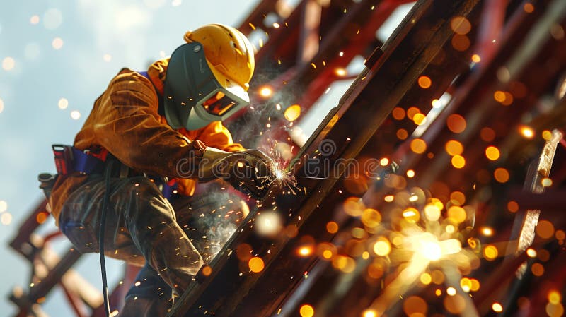 Construction Worker Welding Steel Beam on Skyscraper High Above ...