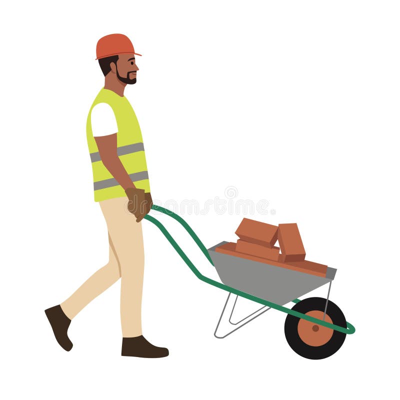 Construction Worker with Wheelbarrow. Man Carrying Loader with Goods at ...