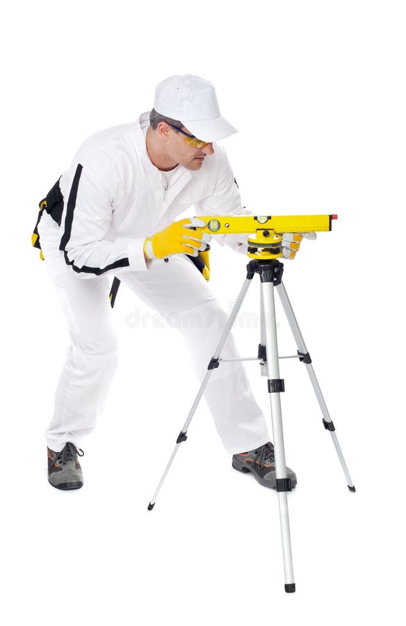 Construction Worker in White Coveralls Level Tool Stock Image - Image ...