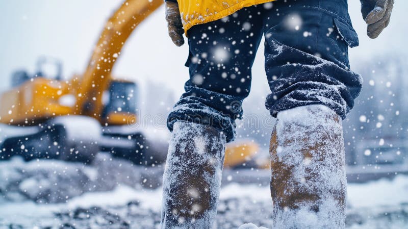 Construction Worker in Winter Work Clothes Stands in Snow. Snow Falls ...
