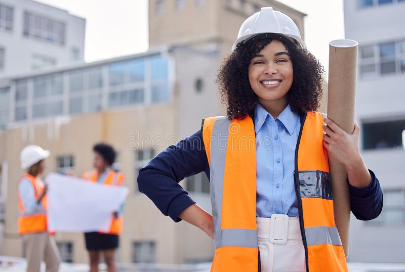 Construction Worker, Woman with Blueprint and Floor Plan, Engineering ...