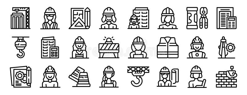 Construction Worker Woman Icons Set Outline Vector Engineer Builder