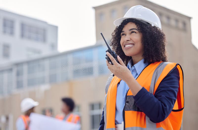 Construction Worker, Woman with Walkie Talkie and Communication ...