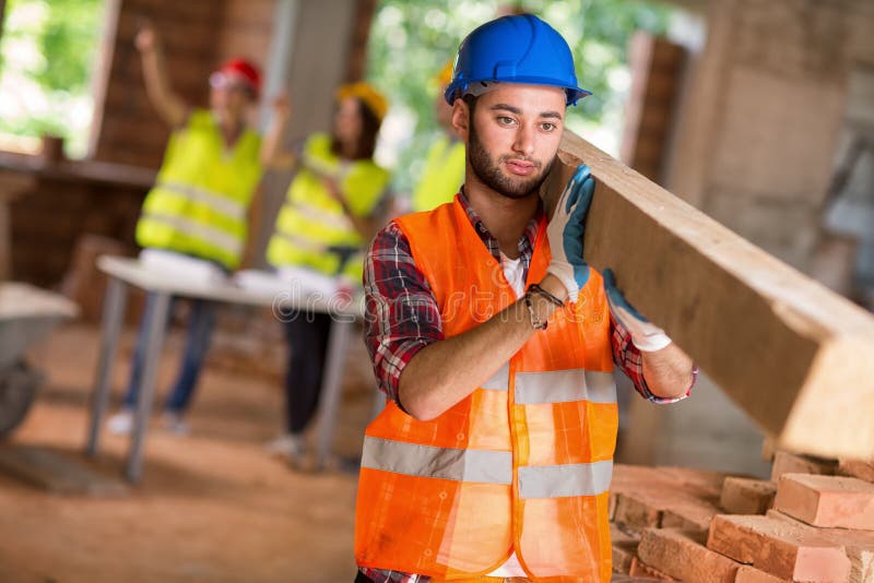Worker Bring Construction Timber Stock Photo - Image of protective ...