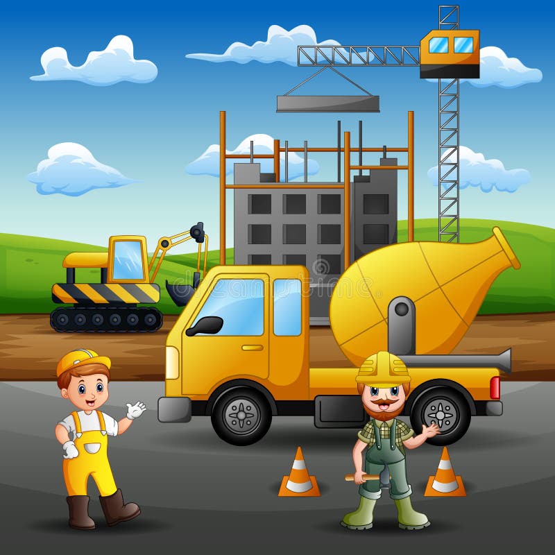 Construction Concept with Workers and Machines Building House Cartoon ...