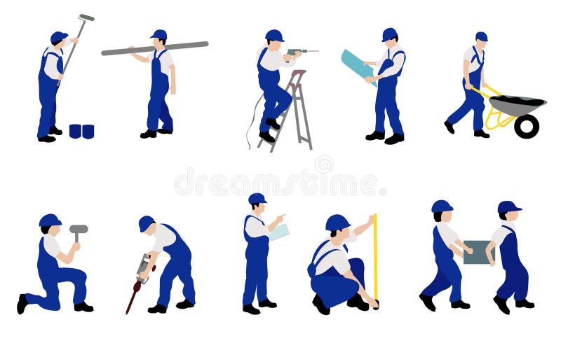 Construction Worker at Work in Different Poses with Tools Stock Vector ...