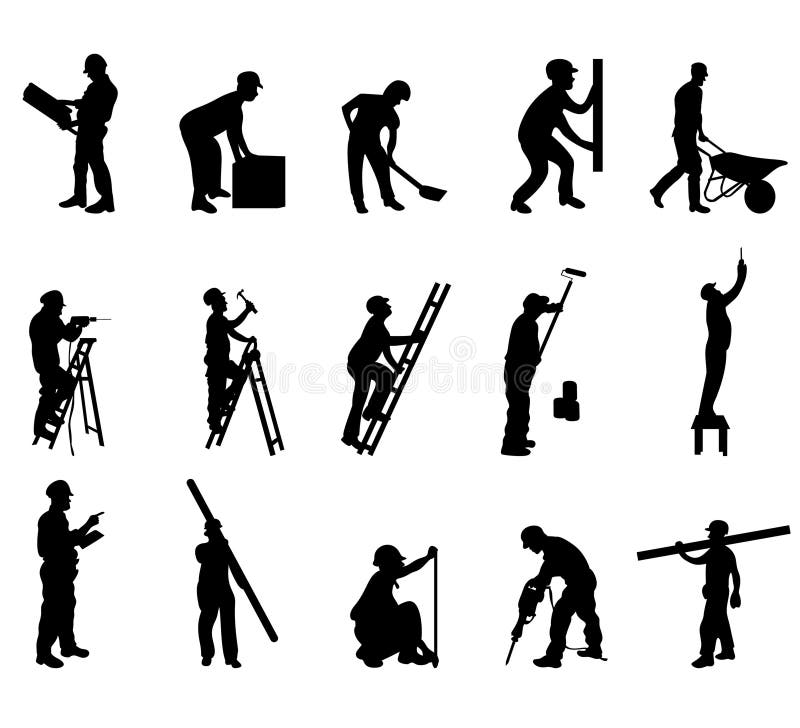 Construction Worker at Work in Different Poses with Tools Silhouettes ...