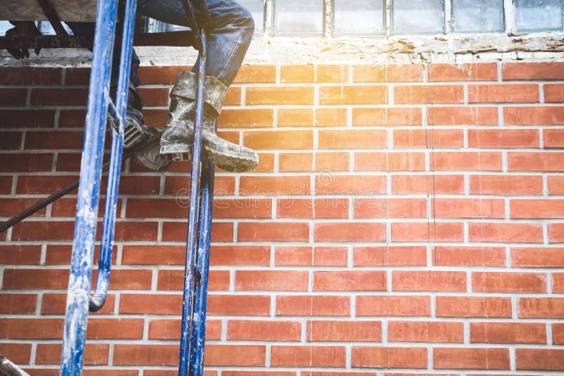 Construction Worker Work Scaffolding Stock Image - Image of cement ...