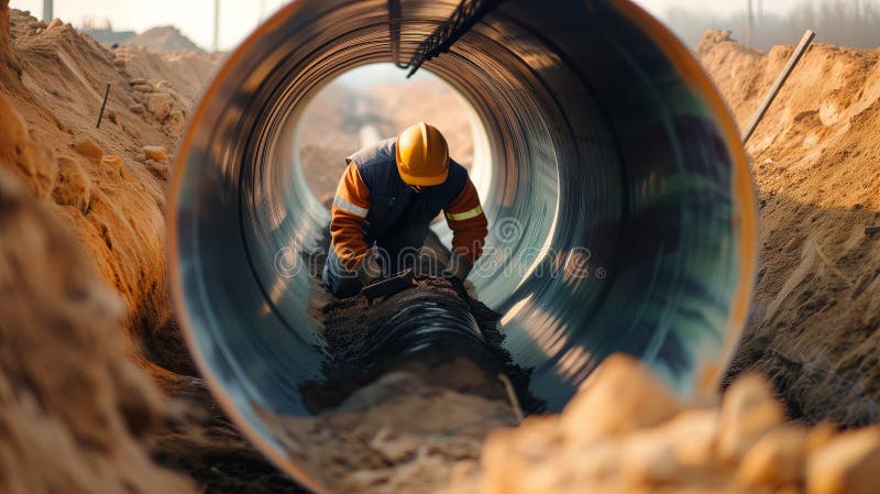 A Construction Worker Working with Big Pipeline Stock Photo - Image of ...