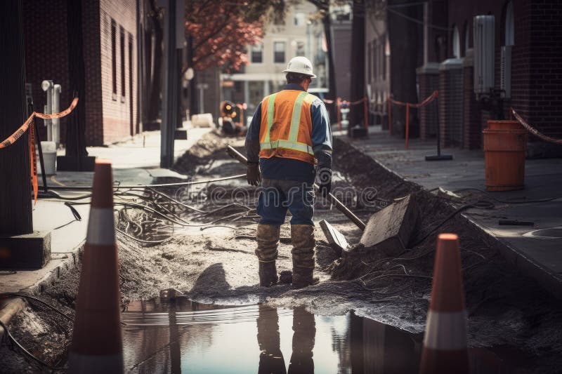 Construction Worker Working on a New Road Construction Site in an Urban ...