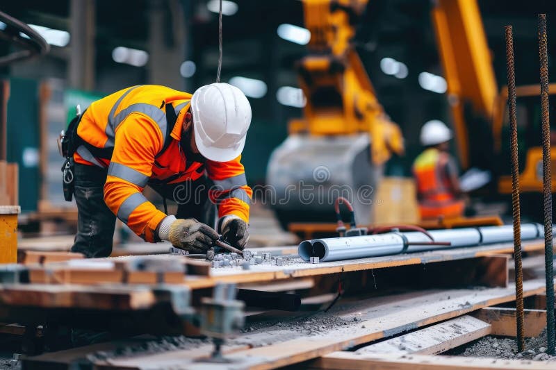A Construction Worker is Working on a Piece of Wood at a Construction ...
