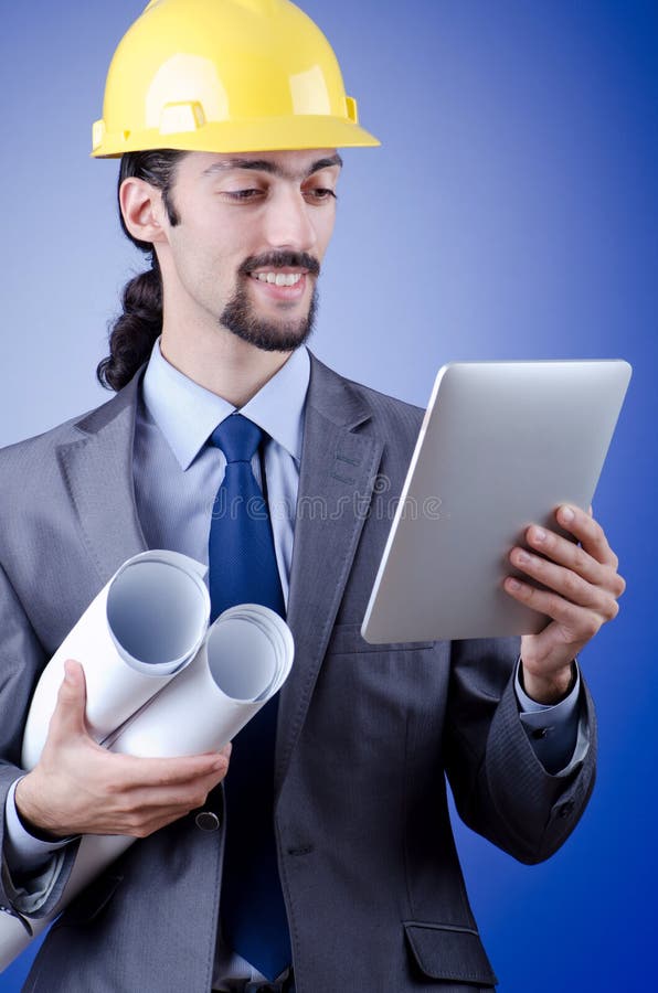Construction Worker Working on Tablet Stock Image - Image of hard ...
