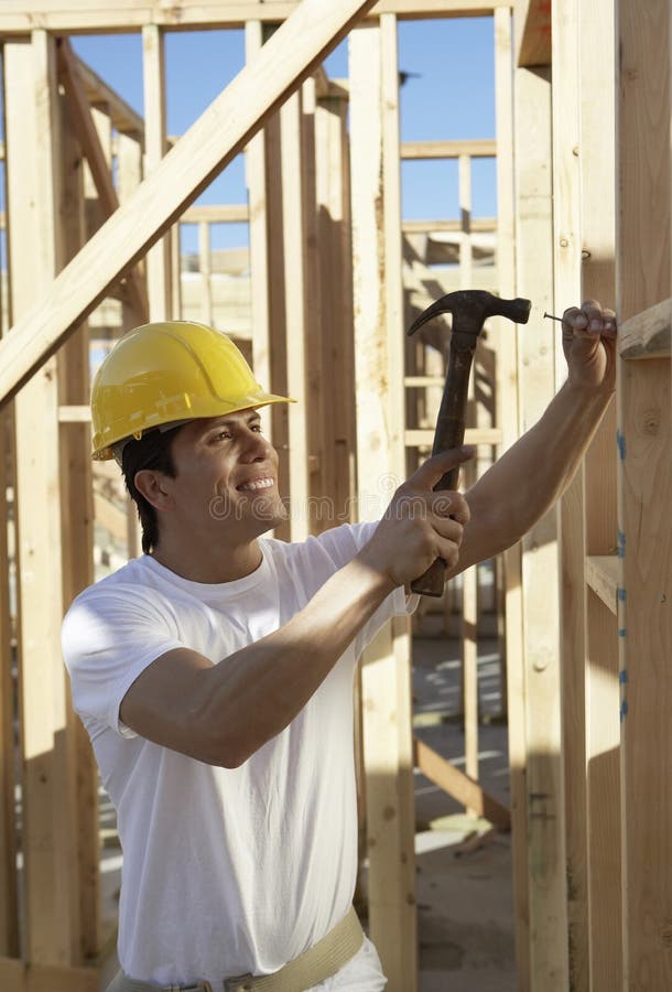 Construction Worker Working on Timber Frame Stock Image - Image of ...