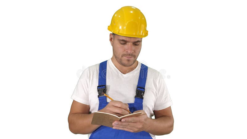 Construction Worker Writing To Do List or Checklist on White Background ...