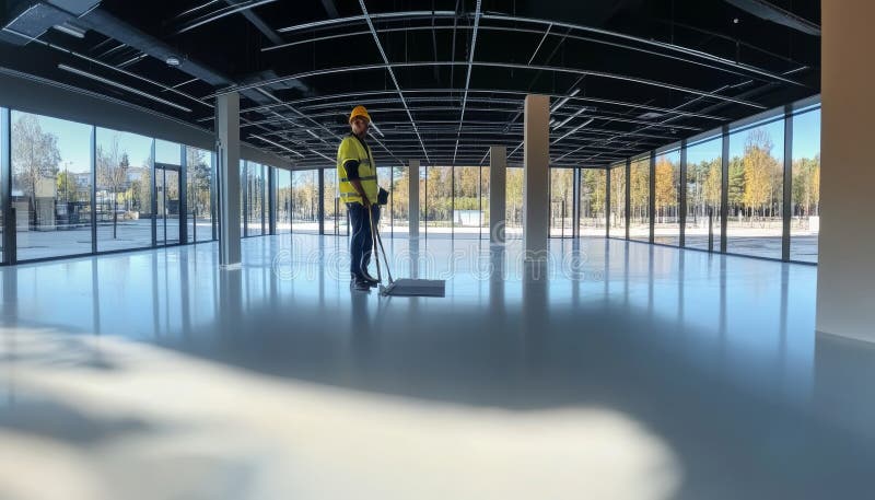 Construction Worker in Yellow Hard Hat Applies Coating To Concrete ...