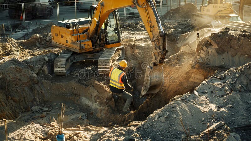 Construction Worker in a Yellow Hard Hat and Reflective Vest Guiding an ...