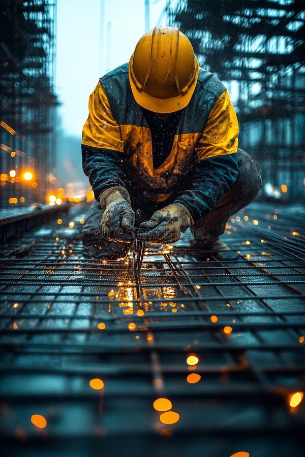 Construction Worker in Yellow Helmet and Jacket is Kneeling on Steel ...