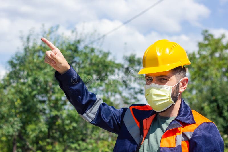Construction Worker with Yellow Helmet and Medical Mask, Construction ...