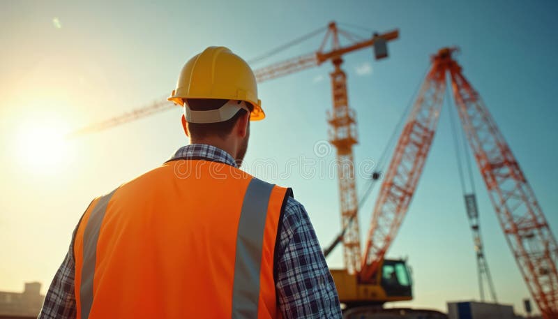 Construction Worker in Yellow Helmet, Orange Vest Guides Crane Operator ...
