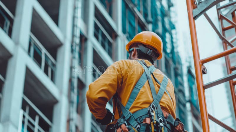 Construction Worker in Yellow Jacket with Safety Harness Stock ...