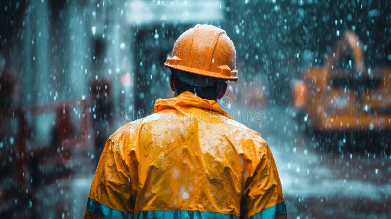 Construction Worker in Yellow Rain Gear during Heavy Rain Stock ...