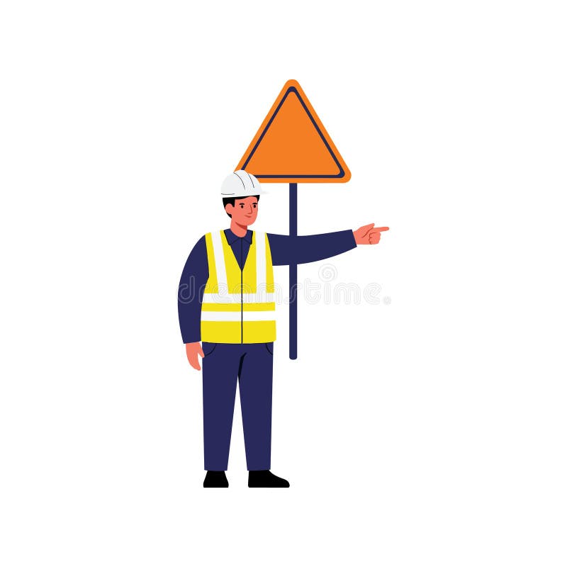 Construction Worker in Safety Vest Gesturing Towards Caution Sign in ...