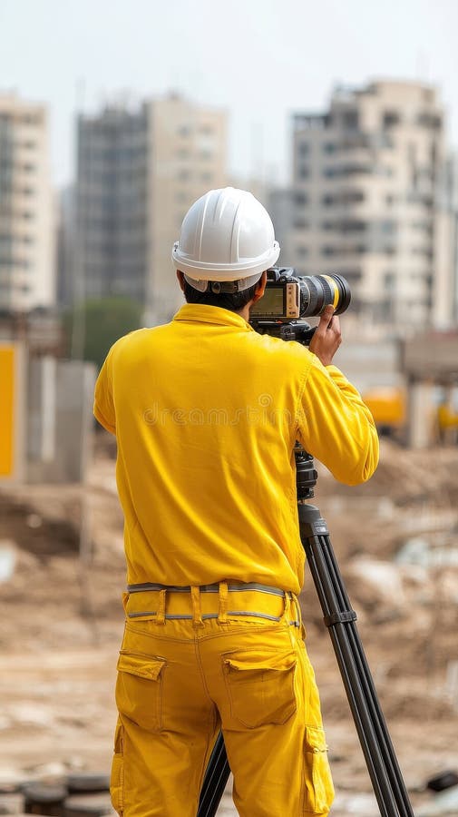Construction Worker Filming Building Site Progress with Camera on ...
