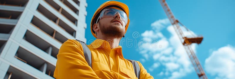 Construction Worker in Yellow Uniform and Helmet Stands Confidently at ...