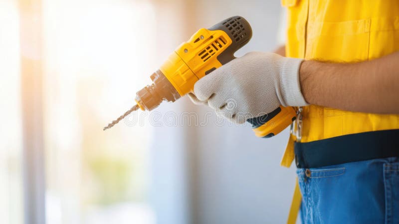 Construction Worker in Yellow Vest and Gloves Inspects Power Drill in ...