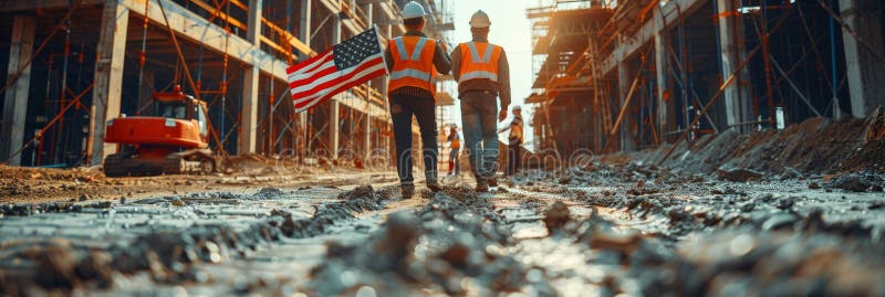 Construction Workers with American Flag at Building Site, Concept of ...