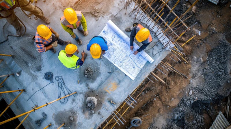 Construction Workers Analyzing Blueprint at Building Site. AIG41 Stock ...