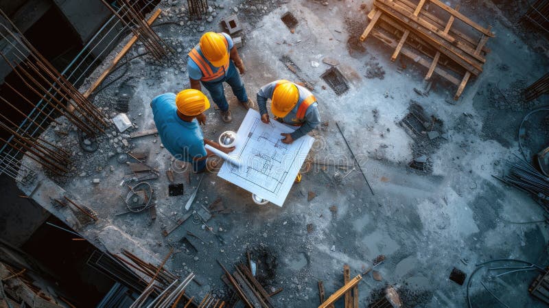 Construction Workers Analyzing Blueprint at Building Site. AIG41 Stock ...