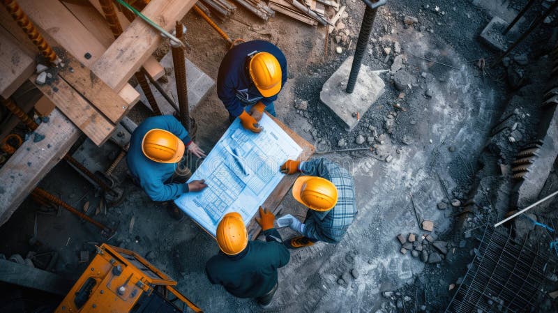 Construction Workers Analyzing Blueprint at Building Site. AIG41 Stock ...