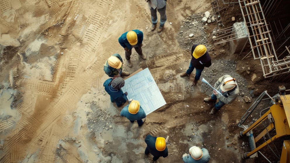 Construction Workers Analyzing Blueprint at Building Site. AIG41 Stock ...