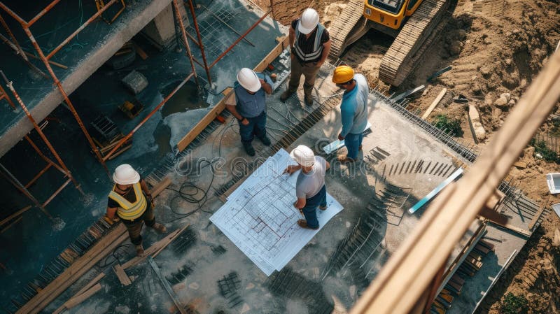 Construction Workers Analyzing Blueprint at Building Site. AIG41 Stock ...