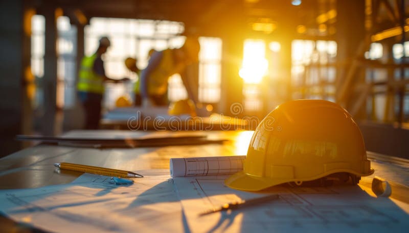 Construction Workers Analyzing Blueprints in a Modern Architectural ...