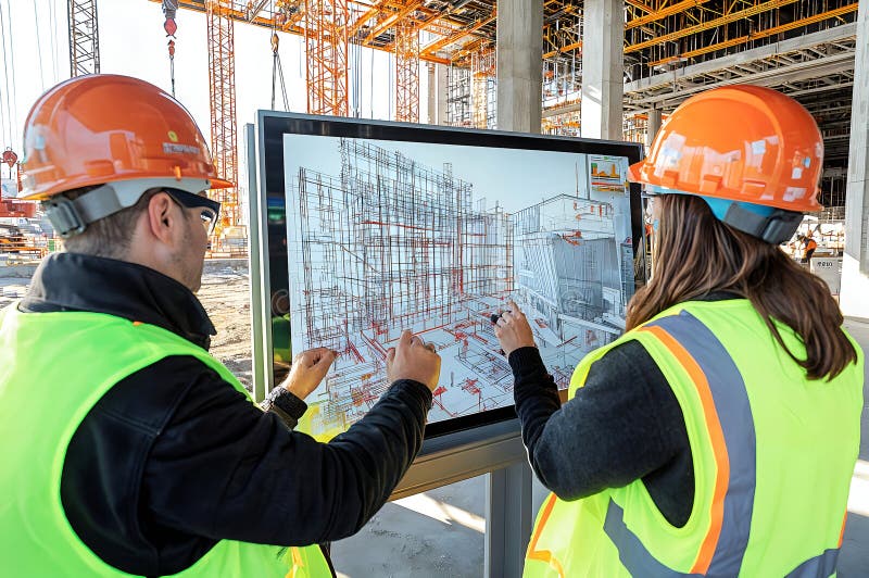 Construction Workers Analyzing Building Plans on Digital Interactive ...