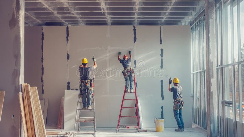 Construction Workers Applying Finishing Touches To a Wall Stock ...
