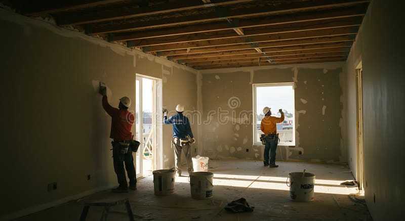 Construction Workers Applying Plaster on Walls Inside New House during ...