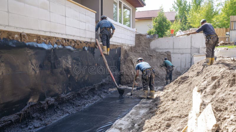 Construction Workers Applying Waterproofing Membrane To a Basement Wall ...
