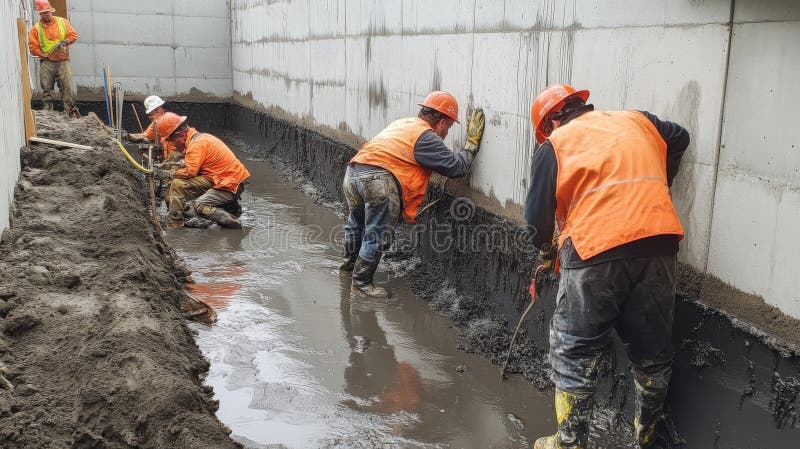 Construction Workers Applying Waterproofing Membrane To Concrete Wall ...