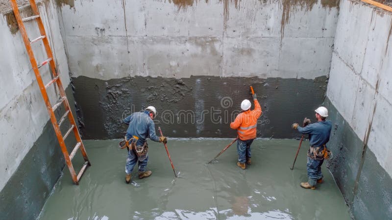 Construction Workers Applying Waterproofing Membrane To Concrete Wall ...