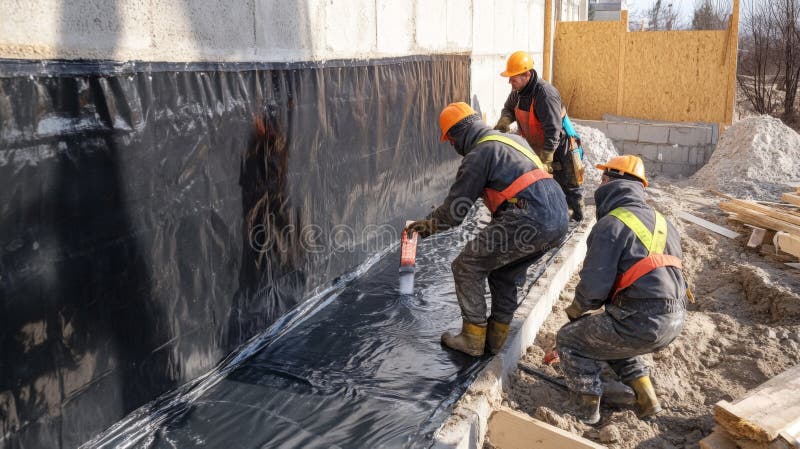 Construction Workers Applying Waterproofing Membrane To Foundation Wall ...