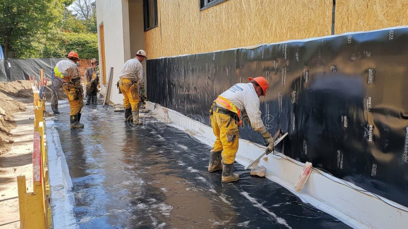 Construction Workers Applying Waterproofing Membrane To Foundation ...