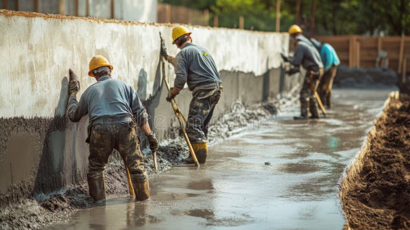 Construction Workers Applying Waterproofing To Concrete Wall Stock ...