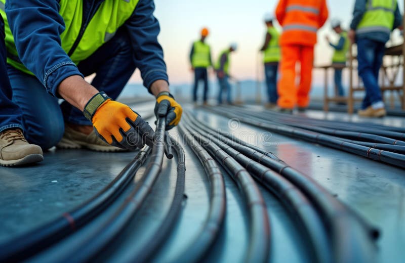 Construction Workers Arrange Cables on Construction Site. Workers in ...