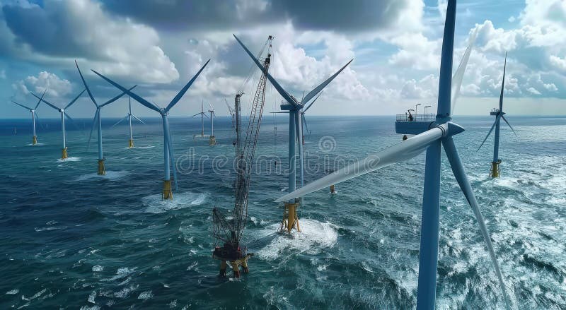 Construction Workers Assemble Wind Turbine in Ocean Park Under Blue Sky ...
